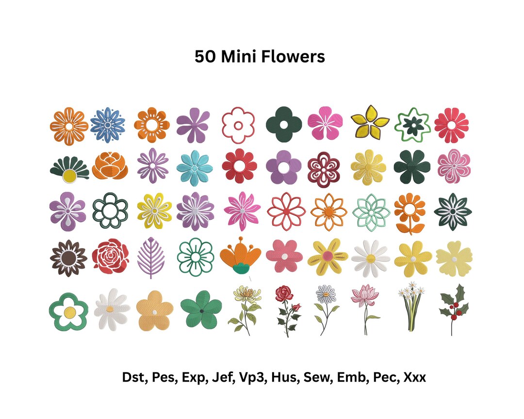 50 Mini Flowers Embroidery - Cute Flowers Machine Embroidered - Daisy ...