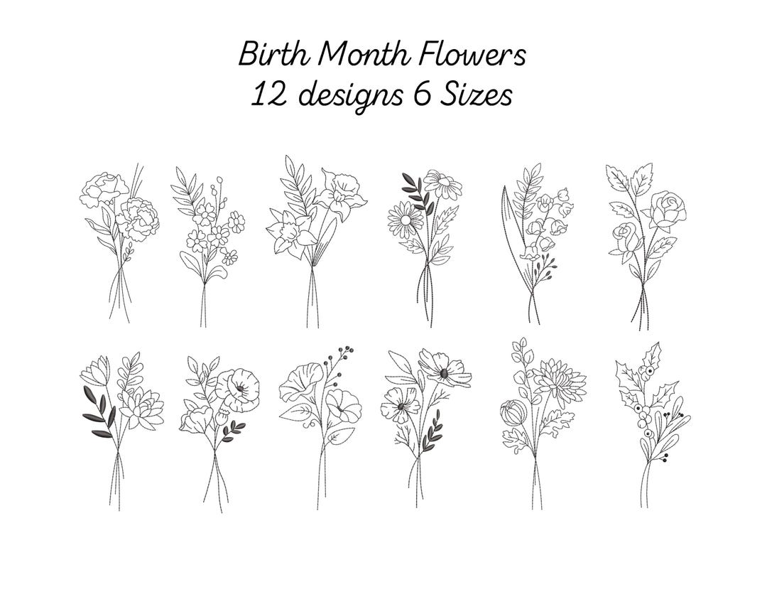 Birth Flowers Embroidery - 12 Month Flowers Machine Embroidery Bundle ...