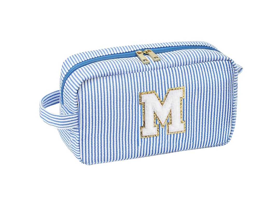 Personalized Blue Chenille Initial Patch Makeup Bag Waterproof Cosmetic ...