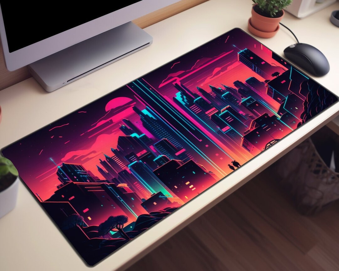 Cyberpunk City Desk Pad, Retrowave Mousepad Cyberpunk Steamwave City ...