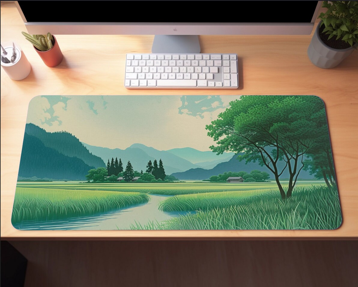 Lofi Kawaii Desk Mat, Anime Landscape Gaming Mousepad, River Mountain ...