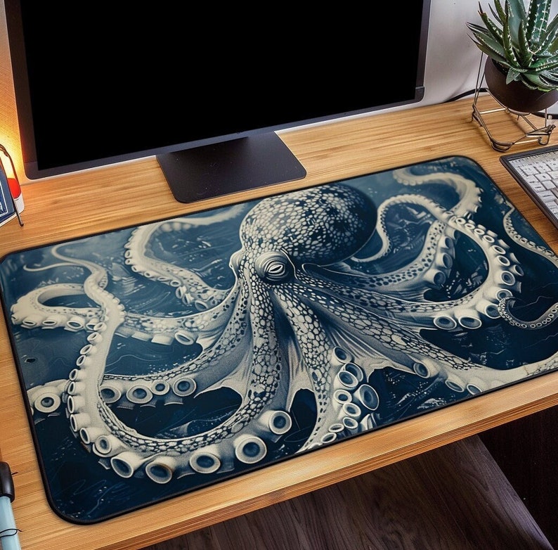 White Octopus Desk Mat, Cute Octopus Mousepad, Deep Ocean Mouse Pad ...