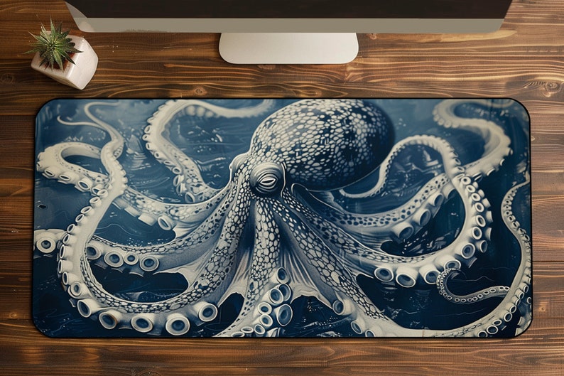 White Octopus Desk Mat, Cute Octopus Mousepad, Deep Ocean Mouse Pad ...
