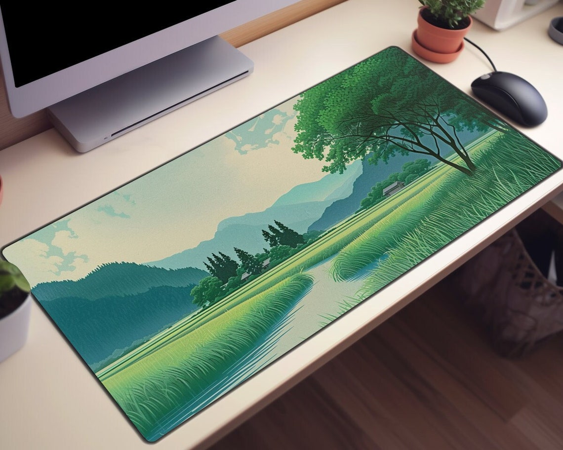 Lofi Kawaii Desk Mat, Anime Landscape Gaming Mousepad, River Mountain ...