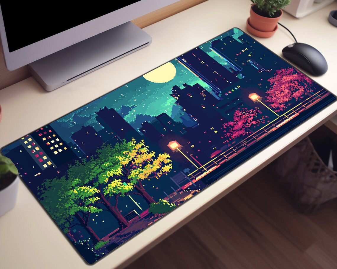 Lofi Pixel Art Desk Mat, Anime Desk Pad, Moon Pixel Desk Mat, Tokyo ...