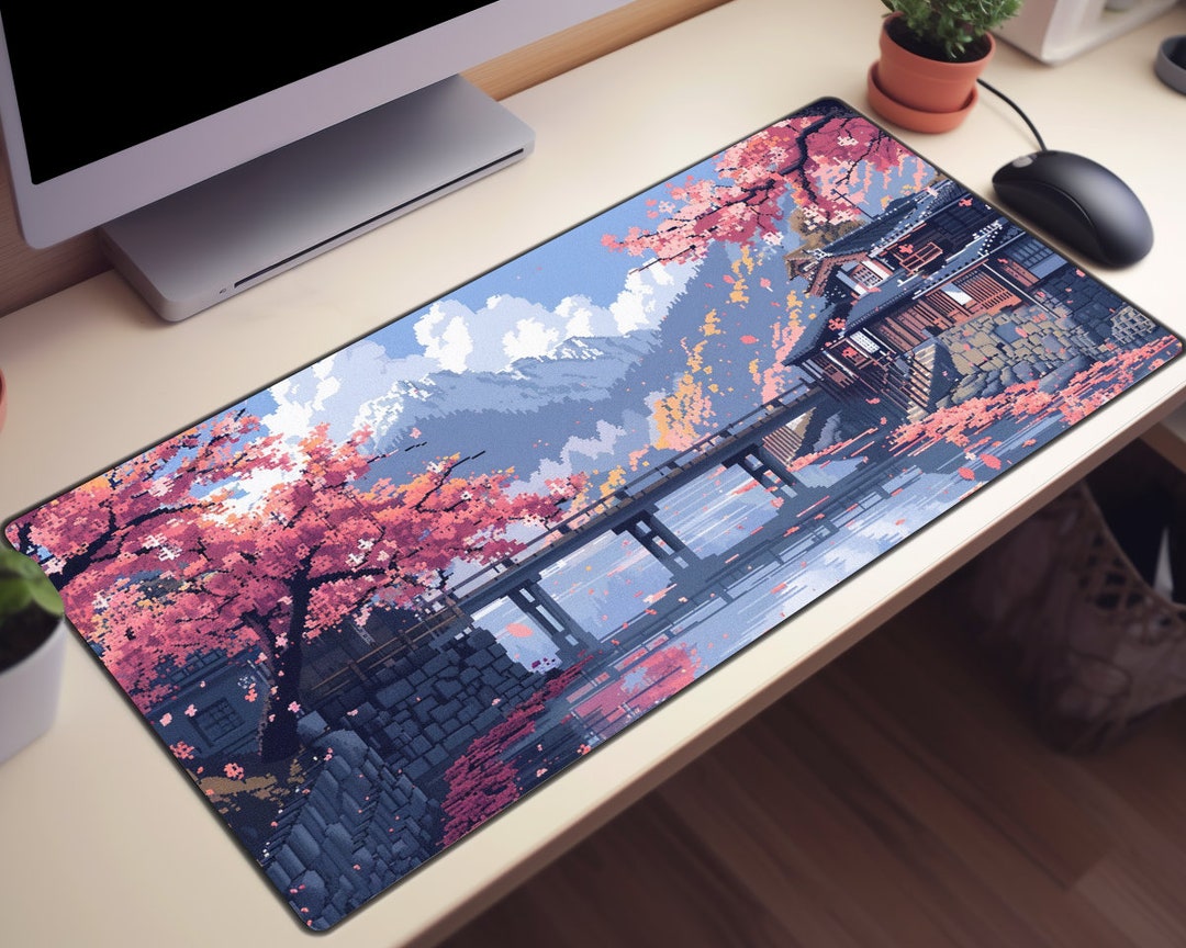 Japanese Pixel Art Desk Mat, Pixel Sakura Desk Mat, Cute Desk Mat ...
