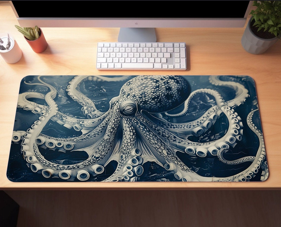 White Octopus Desk Mat, Cute Octopus Mousepad, Deep Ocean Mouse Pad ...