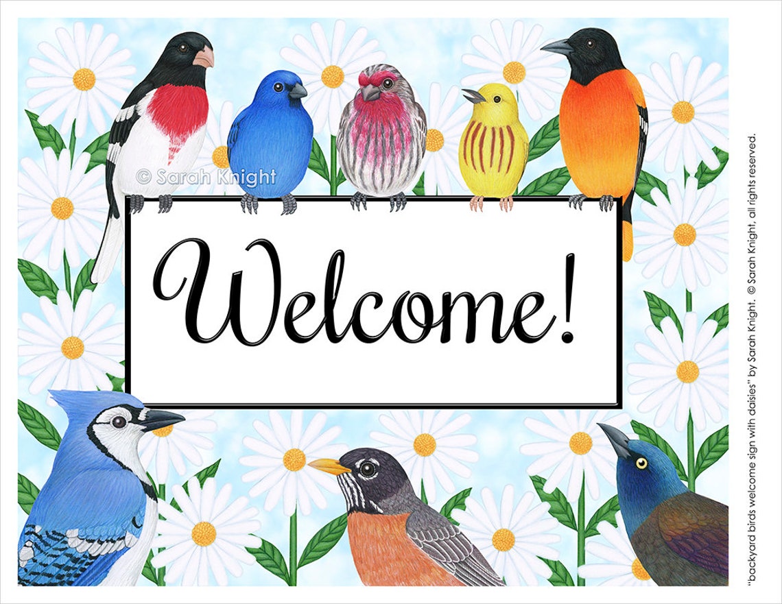 Backyard Birds Welcome Sign With Daisies Signed Art Print | Etsy