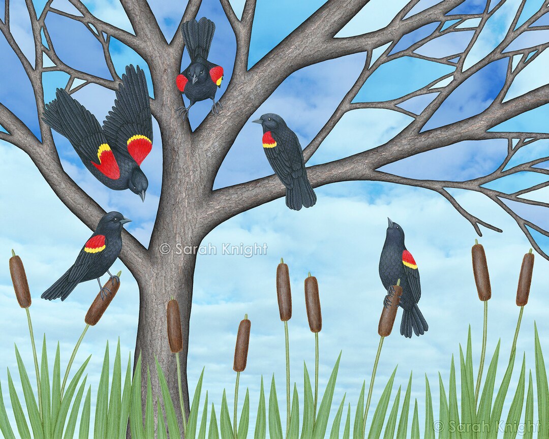 Red Winged Blackbirds in the Stained Glass Tree With Cattails - Signed ...