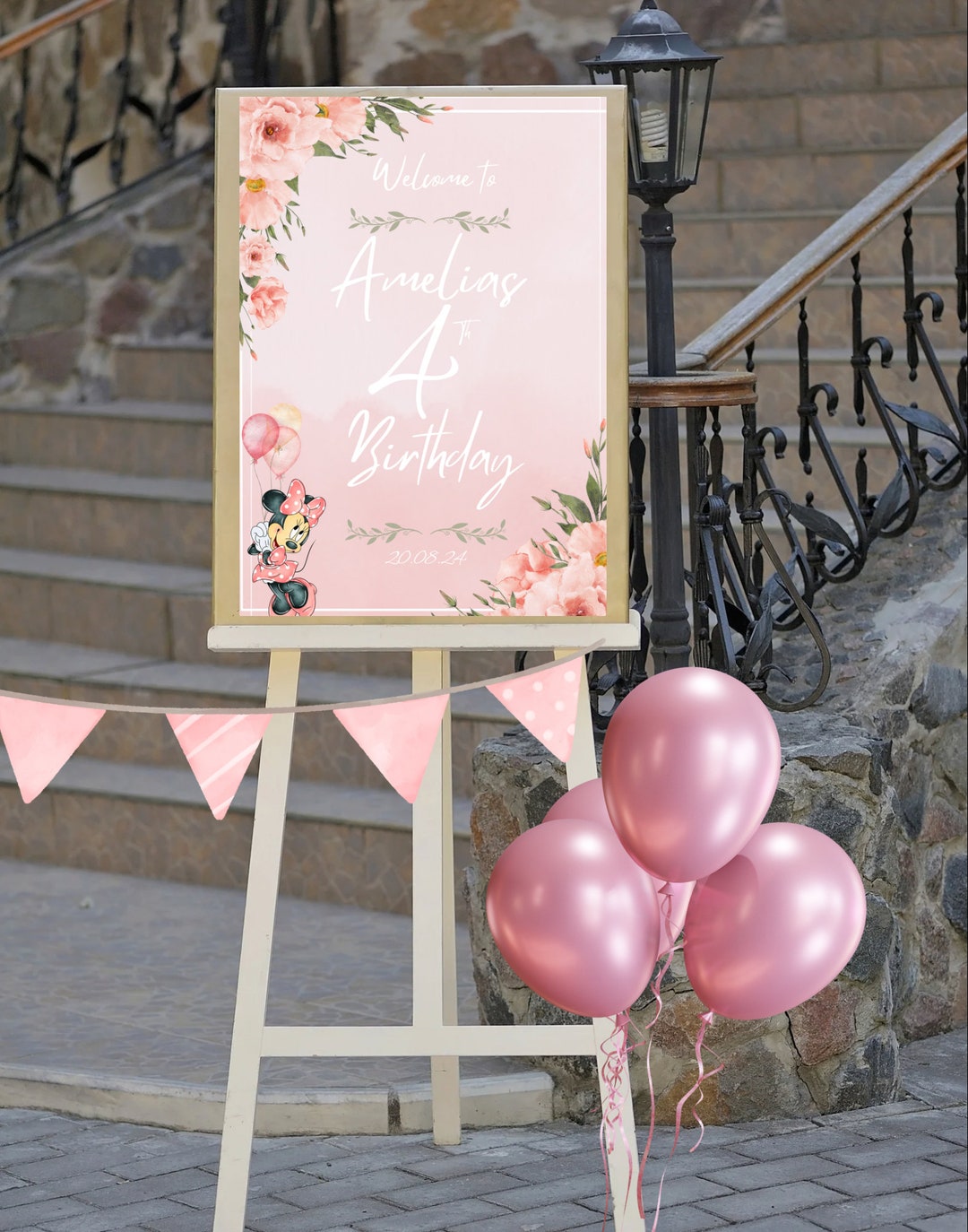 Personalised Minnie Mouse Floral Pink Birthday Welcome Sign - Editable ...