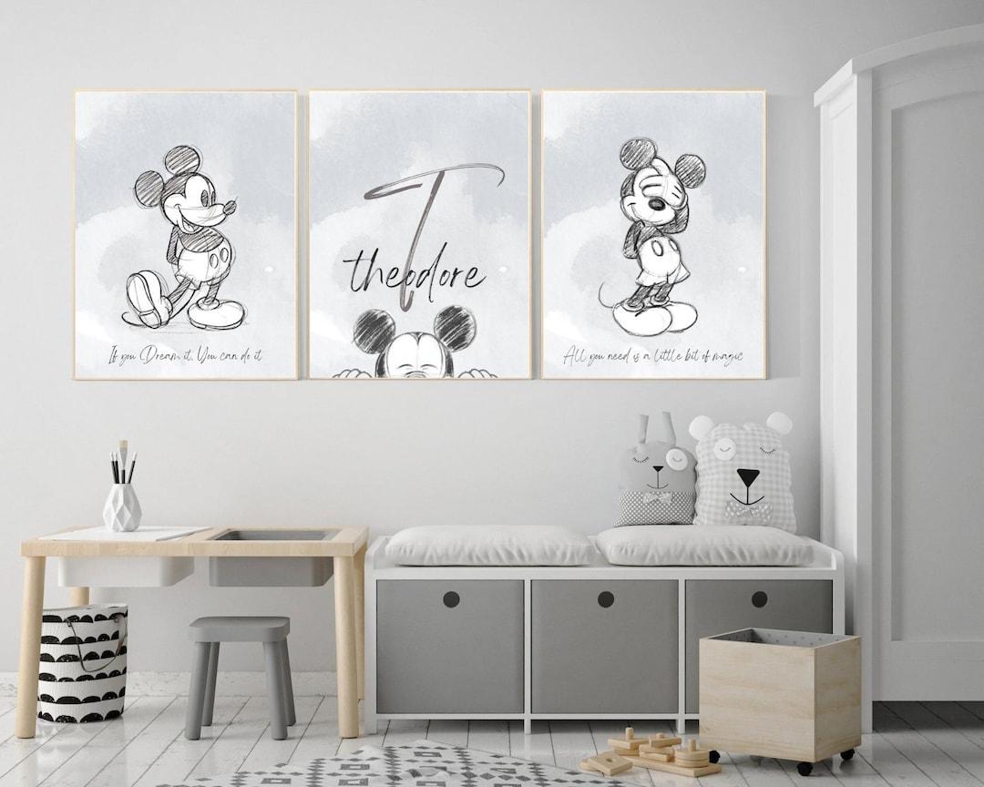Personalised Mickey Mouse Grey Wall Art Prints - Set of 3 Classic ...