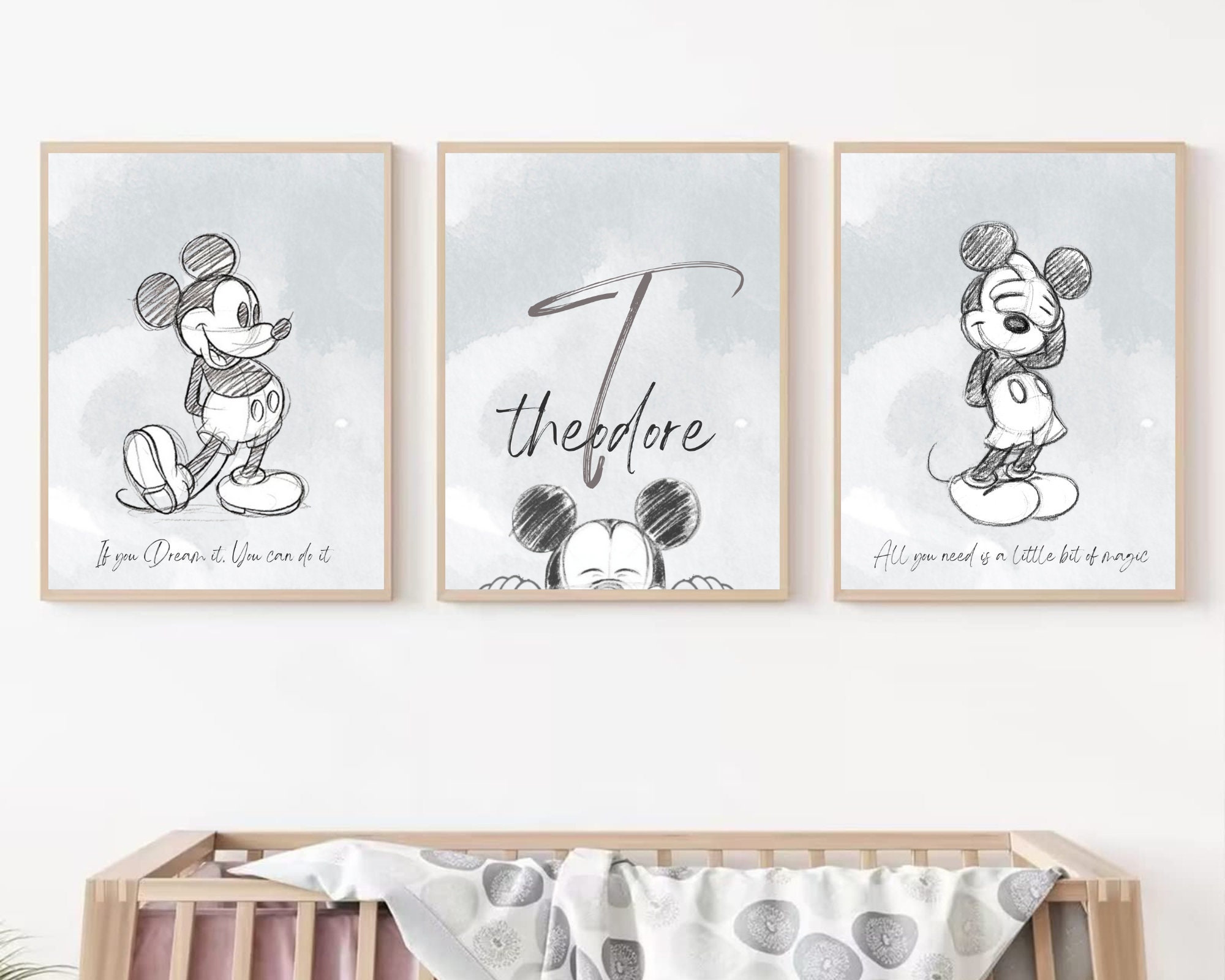 Personalised Mickey Mouse Grey Wall Art Prints - Set of 3 Classic ...