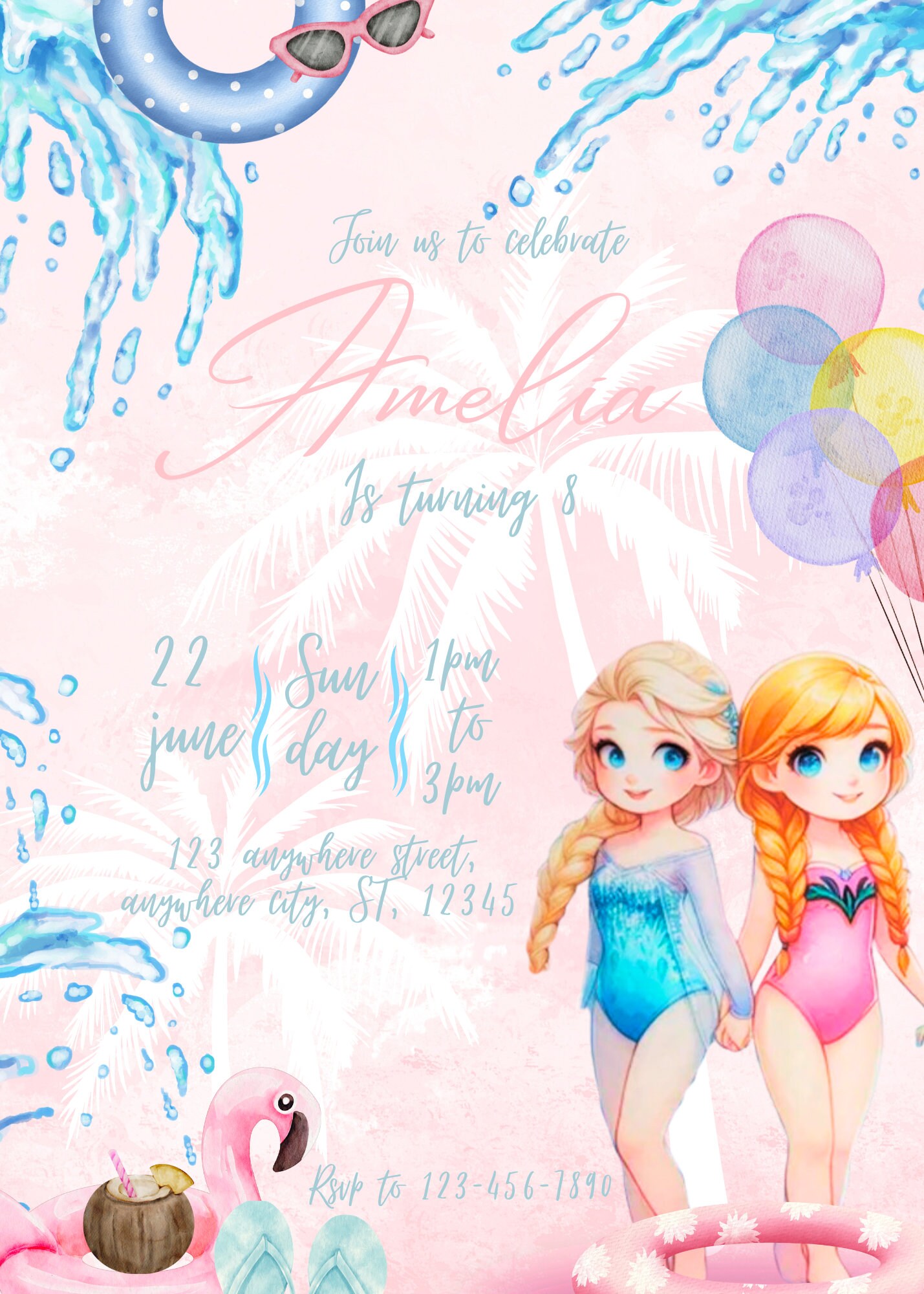 Frozen Pool Party Invitation: Instant Download, Anna & Elsa Theme, Cute ...