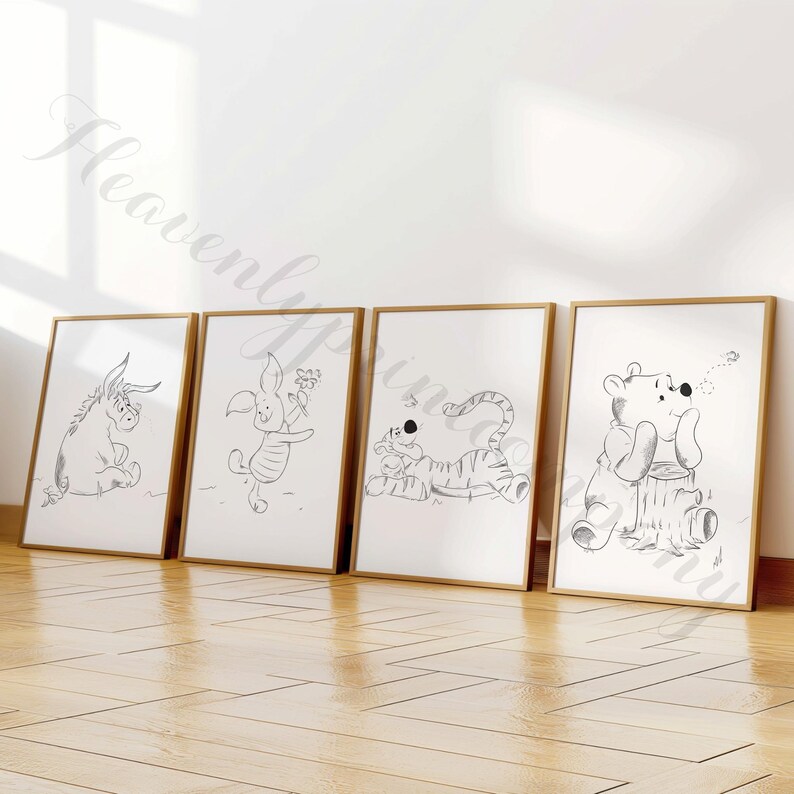 Winnie the Pooh Nursery Art Print Set, Sketched Wall Decor, Kids Room ...