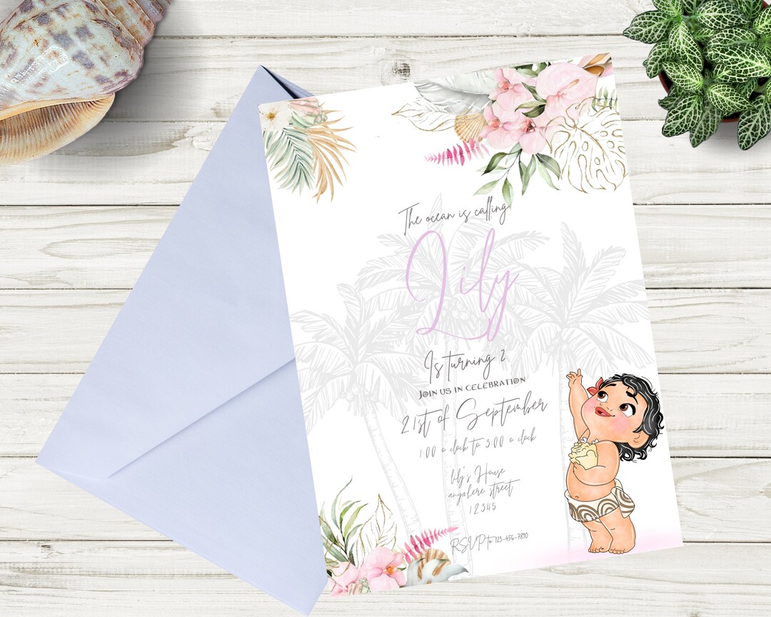 Personalised Baby Moana Birthday Invitation, Floral Moana Digital ...