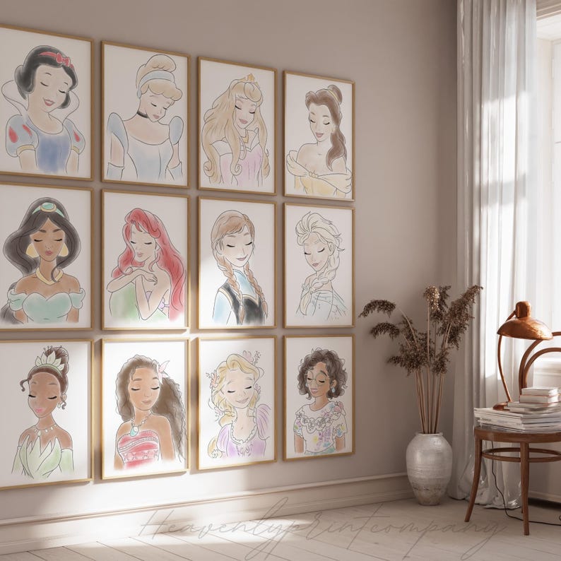 Watercolor Princess Art Print (set of 12) Instant Download, Princess ...