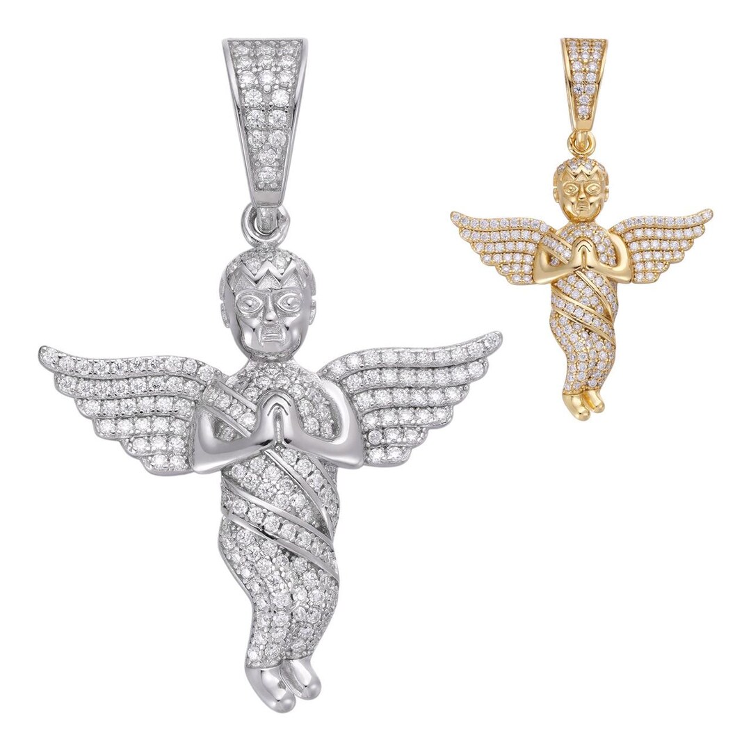MOISSANITE Hip Hop Praying Baby Guardian Angel Pendant 14k Yellow Gold ...