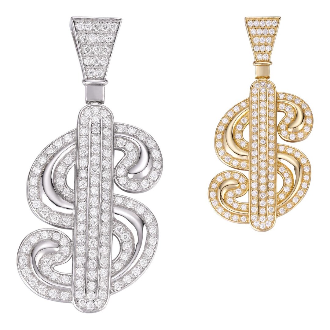 MOISSANITE Iced Out Dollar Sign Money Pendant 14k Gold Vermeil or 925 ...