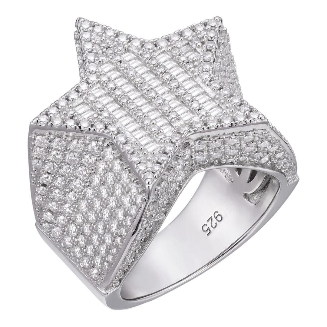 Baguette Rap Star Iced Hip Hop Ring Real 925 Sterling Silver CZ Stones ...