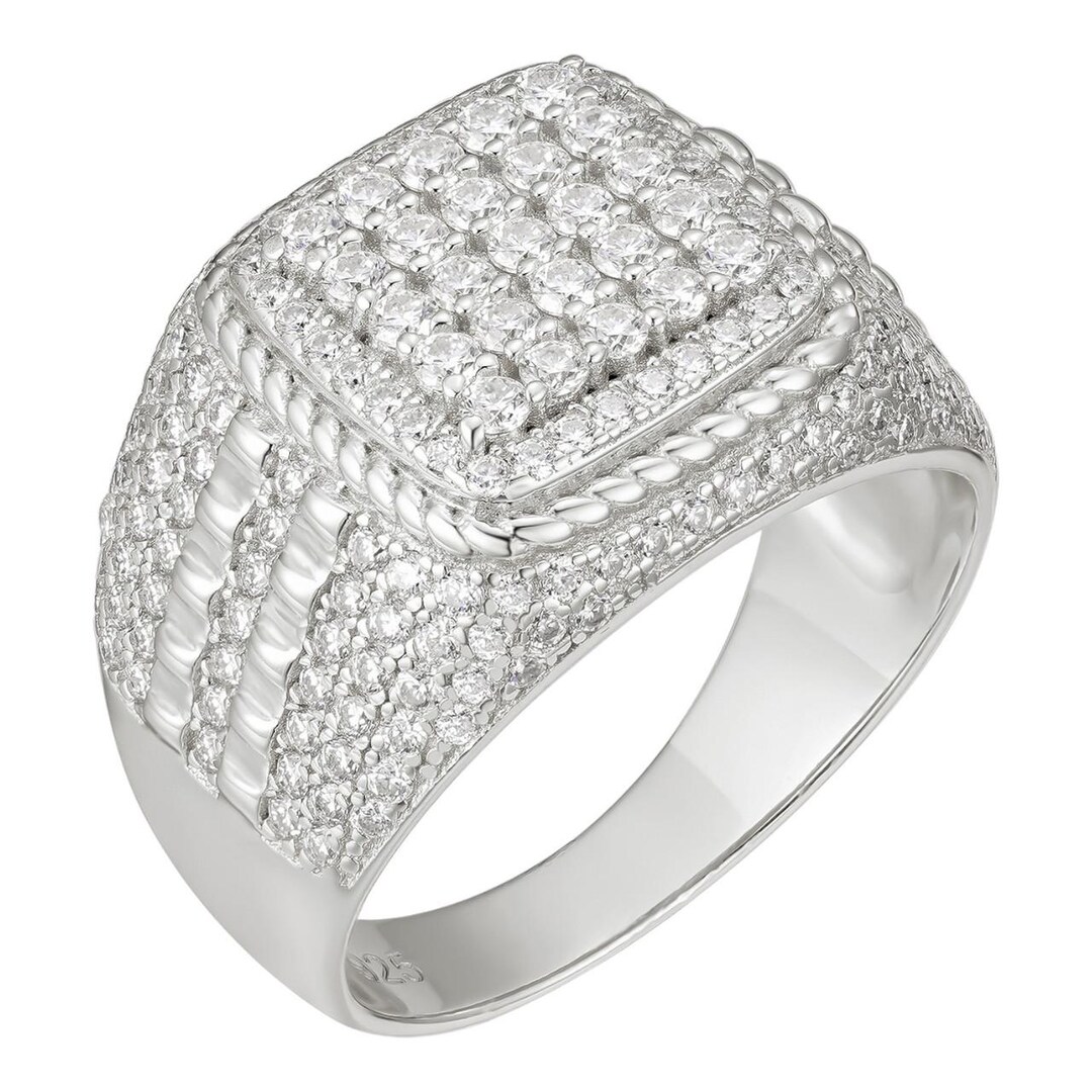 Men's Square Iced Out Chicago Ring Solid 925 Sterling Silver CZ Stones ...