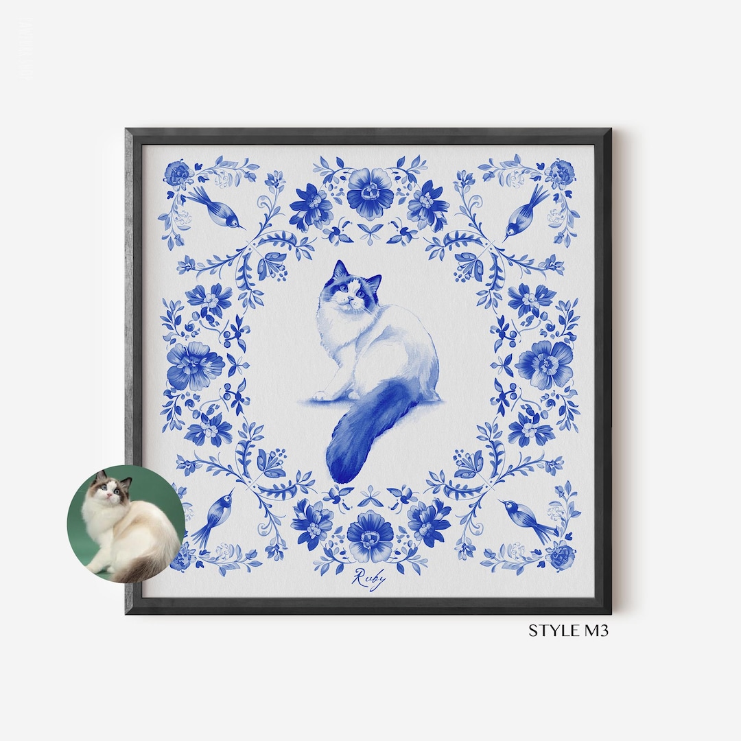 Digital Custom Pet Portrait in Blue Willow Style Personalized Ragdoll ...