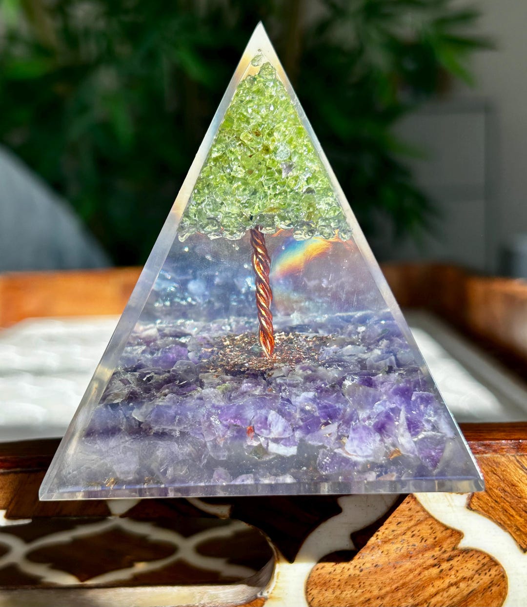 Miniature Crystal Trees; Peridot and Amethyst Crystal Orgonite Pyramid ...