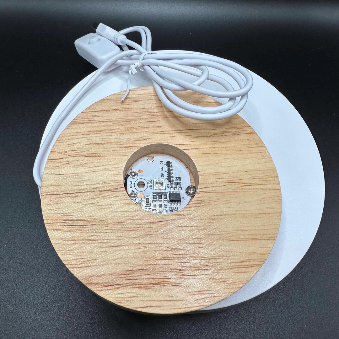 Multicolor LED Crystal Display Stand Natural Wood Base USB Powered ...