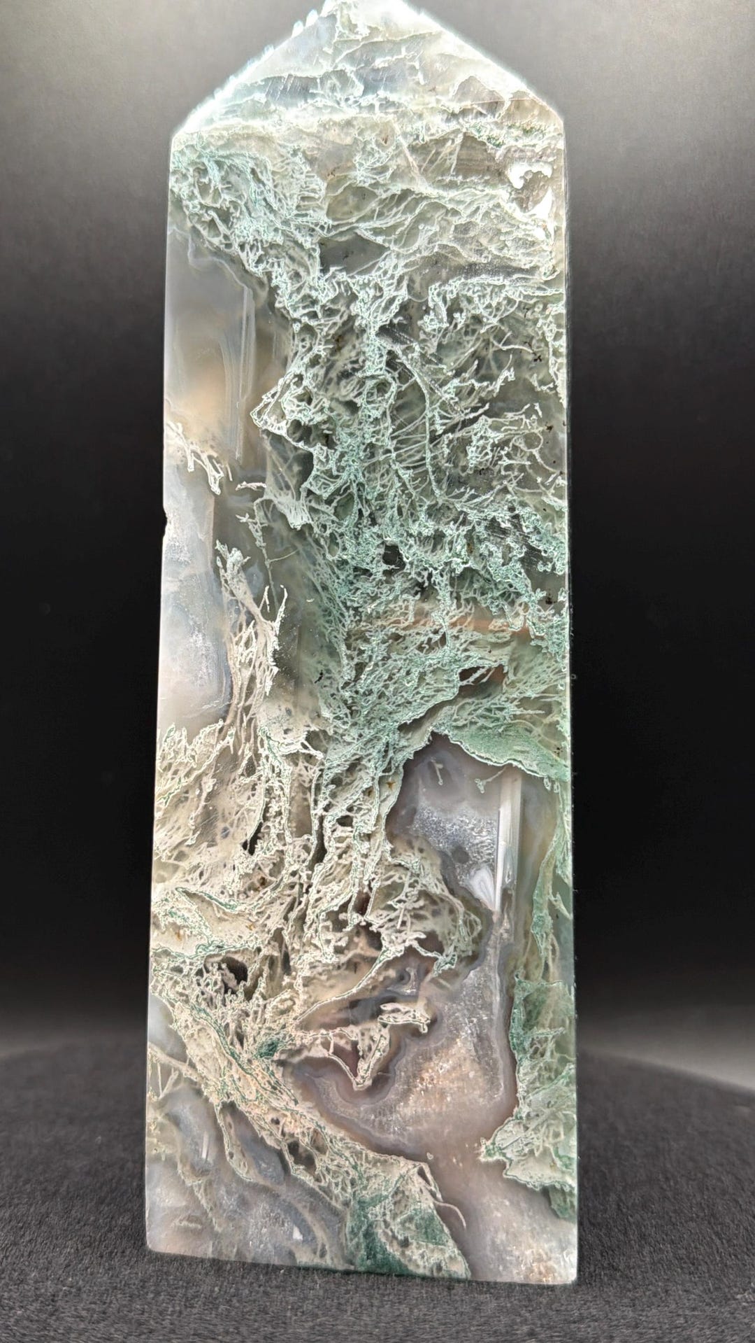 Moss Agate Crystal Tower 6.4” | Druzy-filled Green & Grey Banded ...