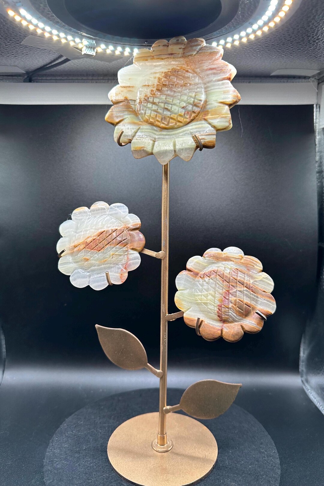 32" Banded Calcite Stone Crystal Sunflower Trio Sculpture on Metal ...