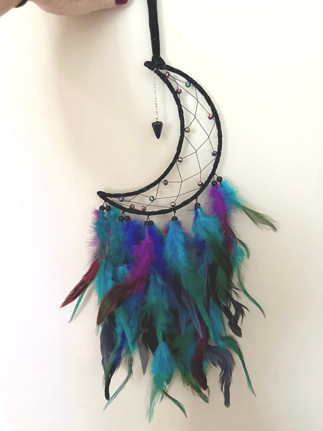 Crescent Moon Dreamcatcher Black Frame With Blue, Teal, Purple, Maroon ...
