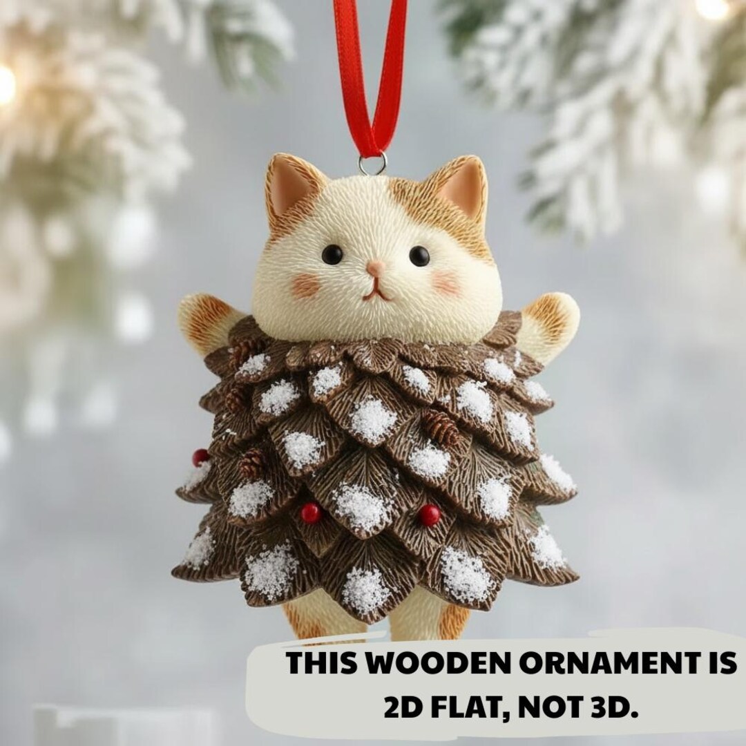 Calico Cat Christmas Ornament, Snow-dusted Pinecone Dress (2D Wood ...