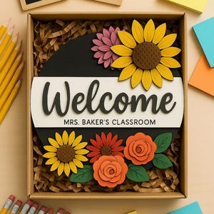 Floral Classroom Welcome Sign, Sunflower Teacher Gift, Custom Door ...