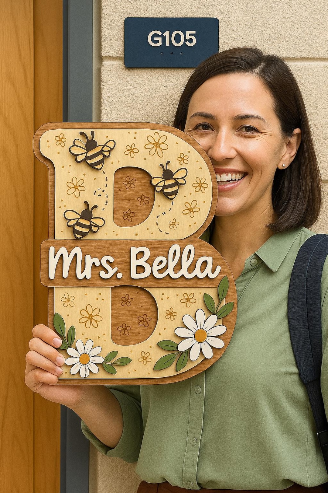 Bee Teacher Door Sign With Flowers, Personalized Alphabet Letter ...