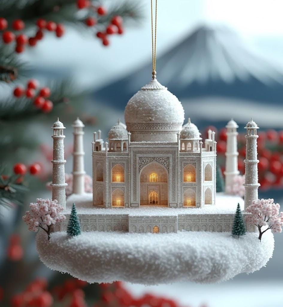 Taj Mahal & Fuji View Christmas Ornament | Wood 2D Flat Fusion Landmark ...