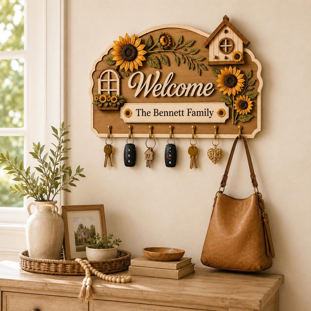 Personalized Sunflower Wooden Key Holder, Custom Family Key Hanger ...