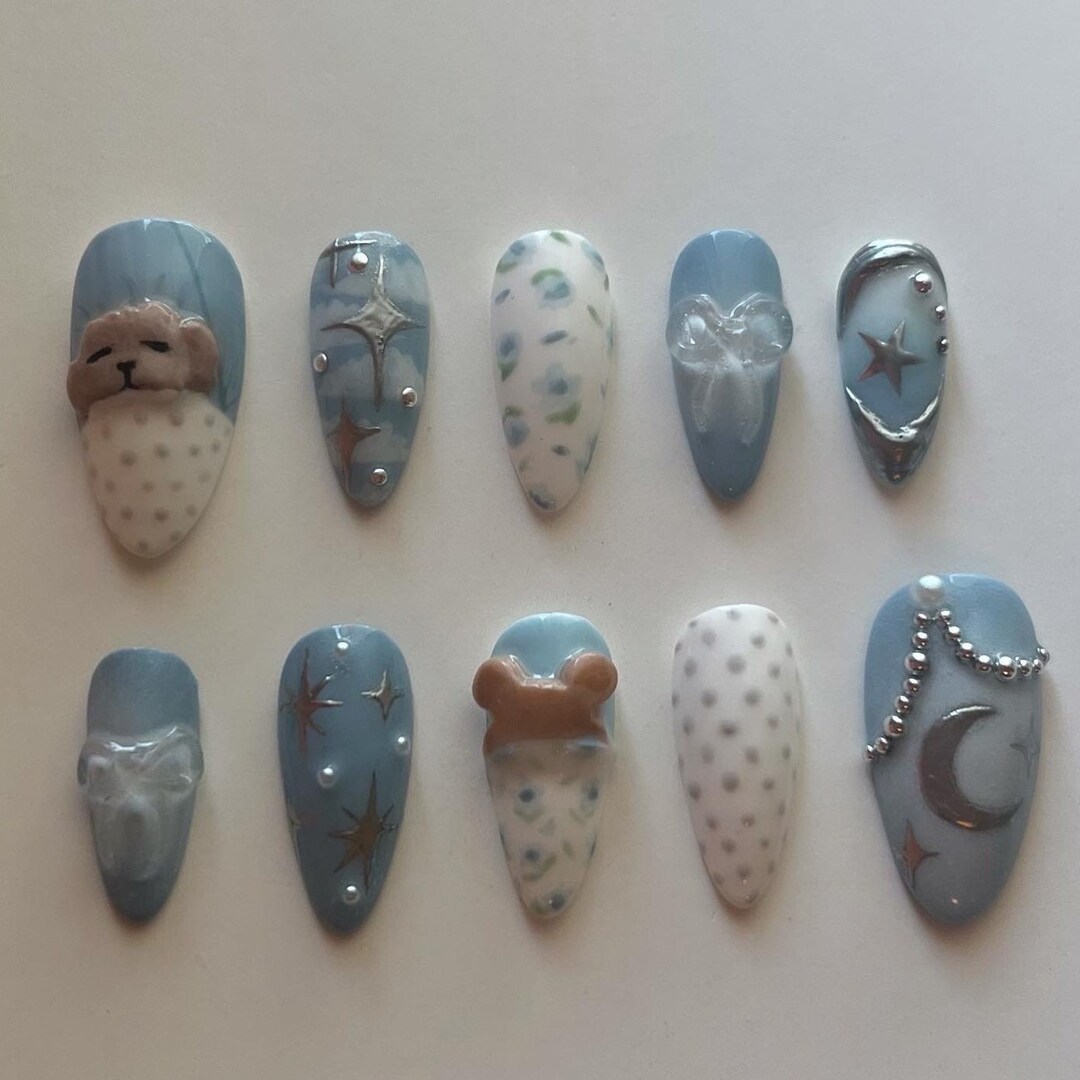 Blue Chrome Star and Moon Press on Nails, Handmade, Handpainted 3D Gel ...