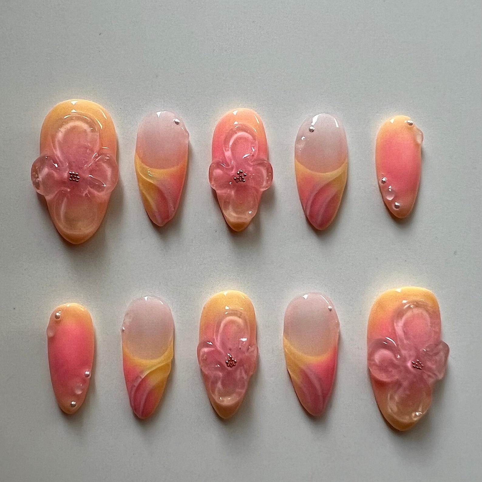 Summer Sherbet Flower Press Ons, Handmade, Handpainted 3D Gel Nails ...
