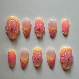 Summer Sherbet Flower Press Ons, Handmade, Handpainted 3D Gel Nails ...
