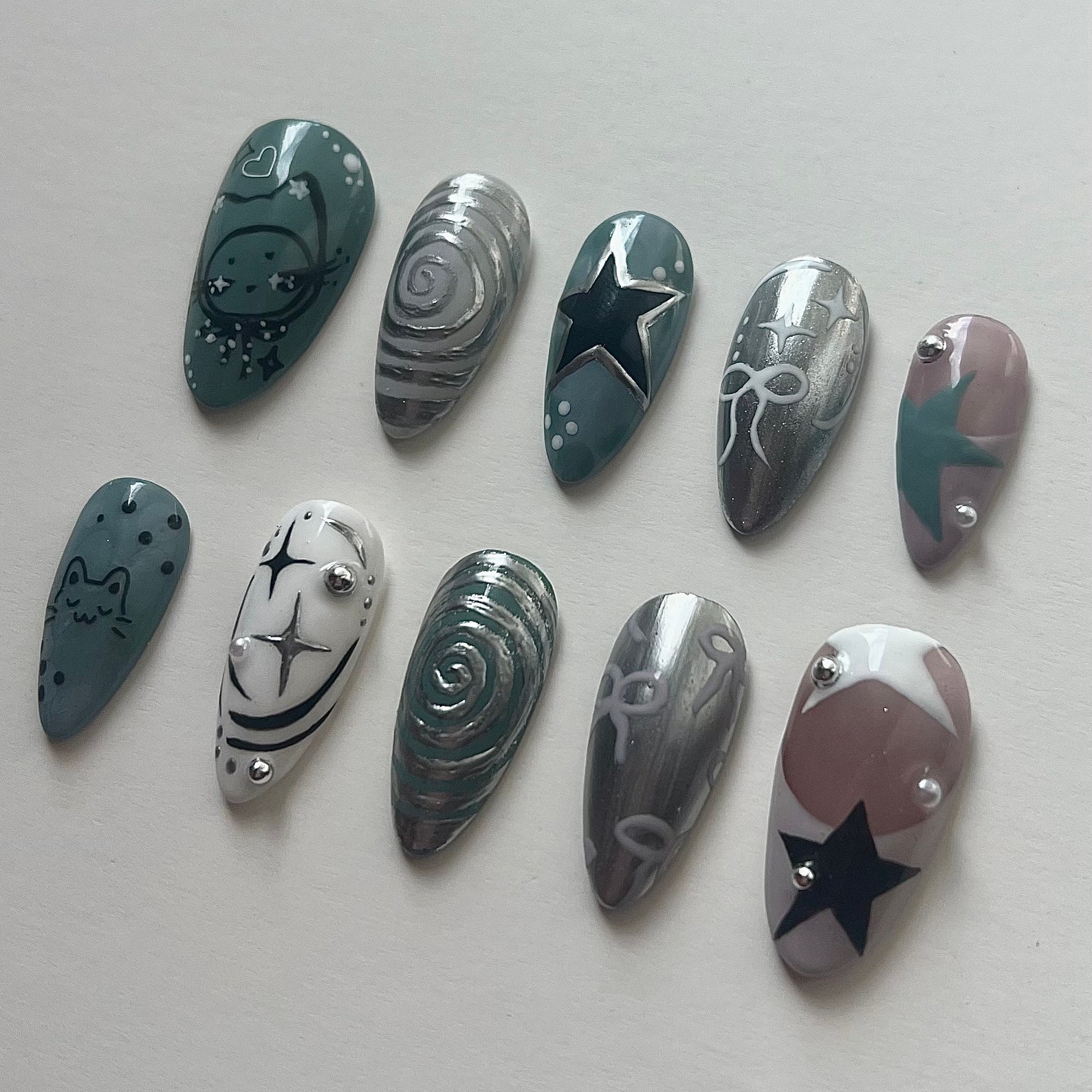 Teal, Grey, Chrome, Doodle Press on Nails, Handmade, Handpainted 3D Gel ...