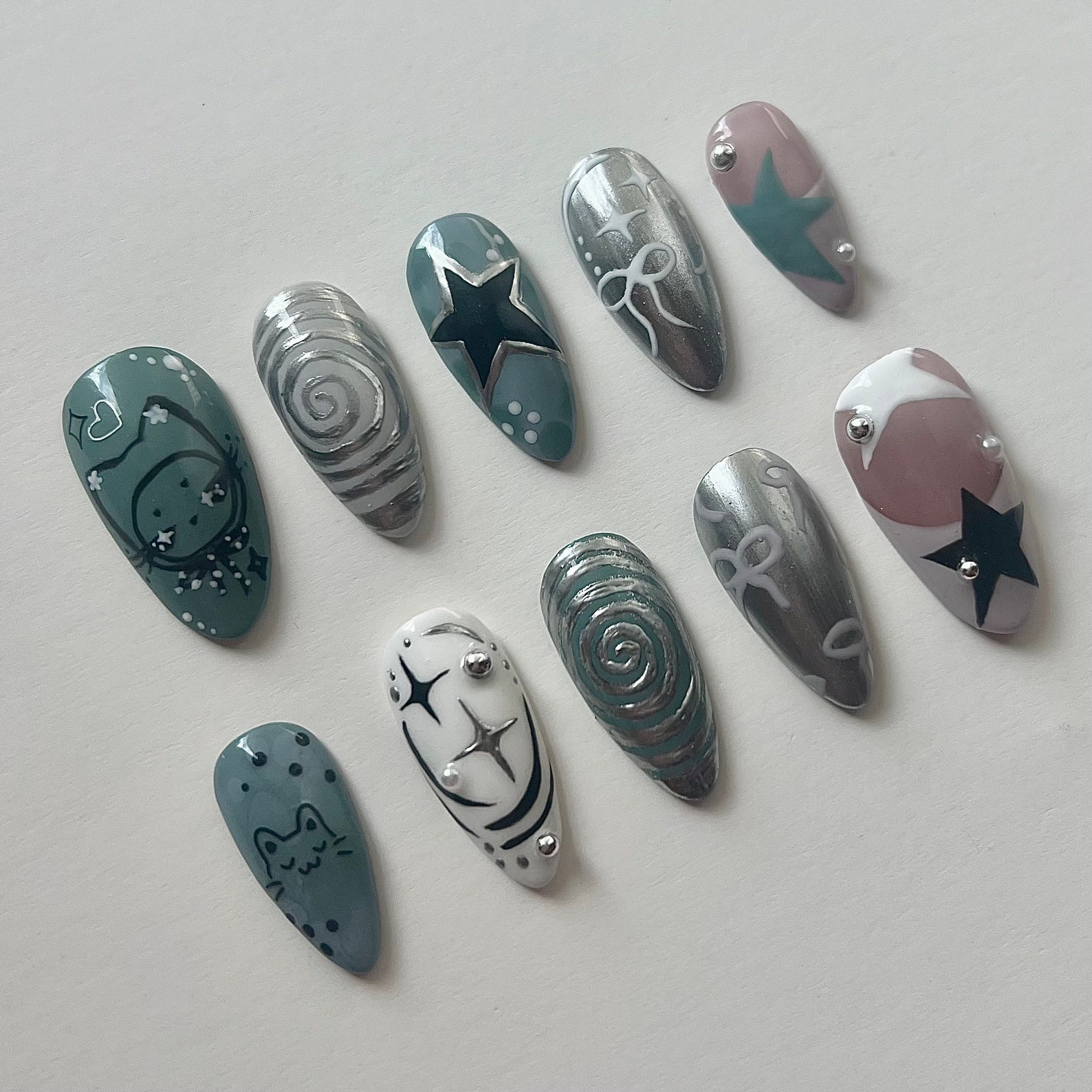 Teal, Grey, Chrome, Doodle Press on Nails, Handmade, Handpainted 3D Gel ...