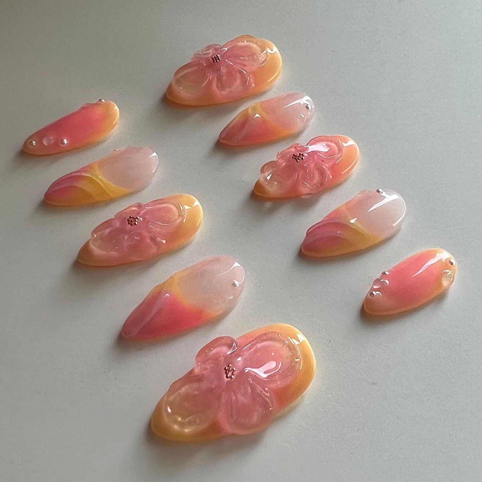 Summer Sherbet Flower Press Ons, Handmade, Handpainted 3D Gel Nails ...
