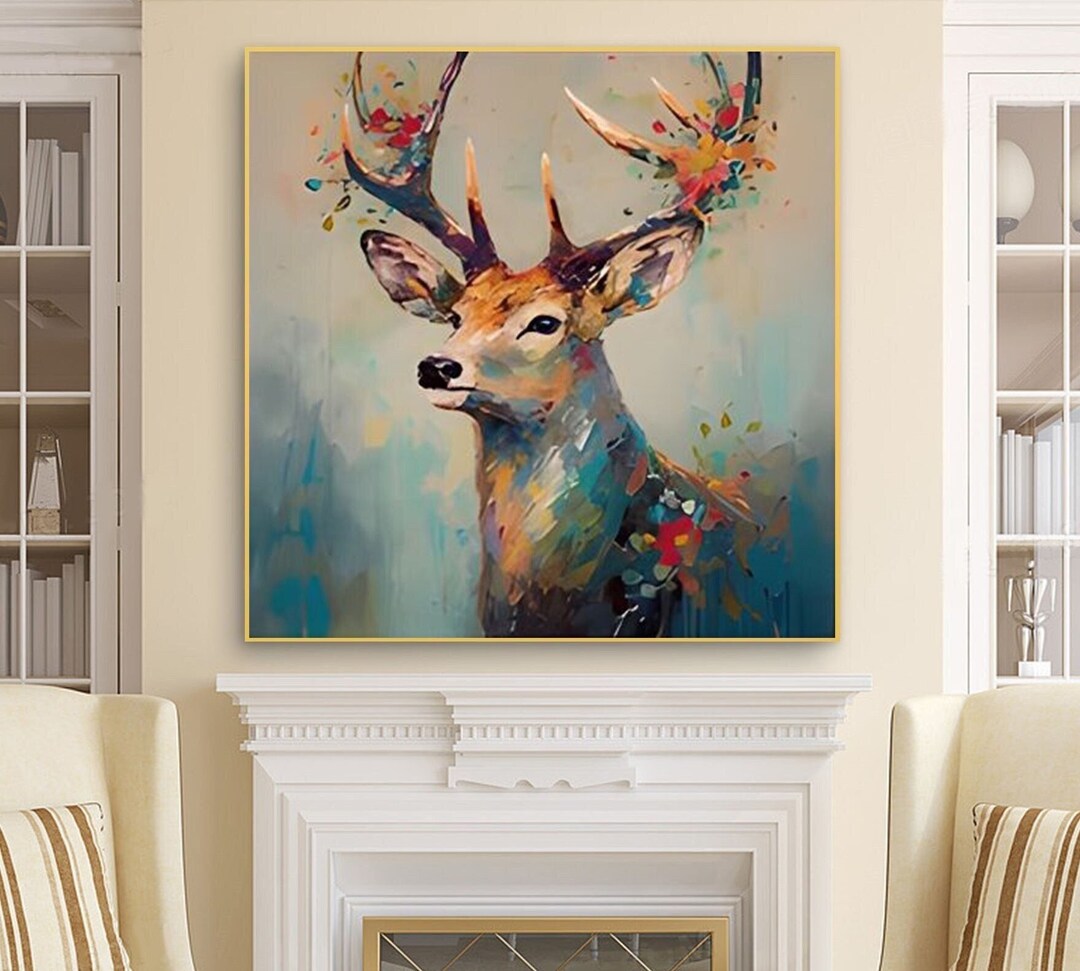 Original Elk Deer Oil Painting on Canvas, Large Abstract Colorful ...