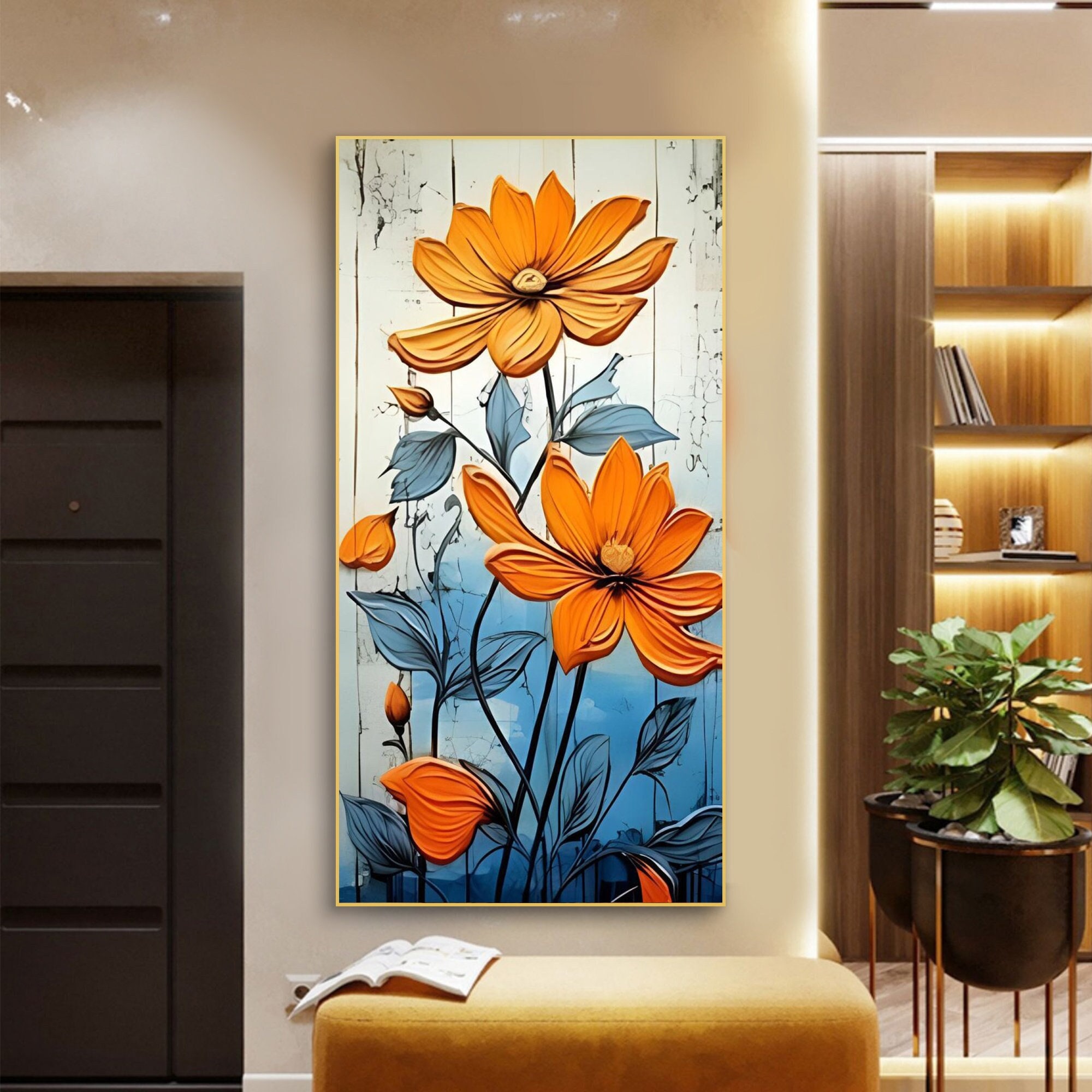 Abstract Flower Landscape Oil Painting on Canvas Large Original Orange ...