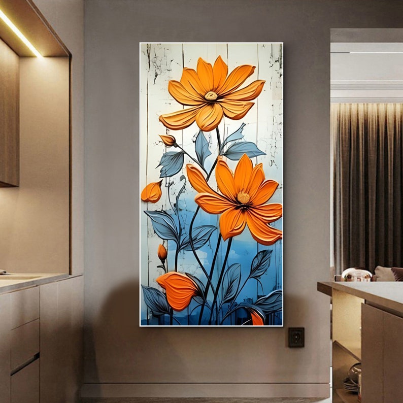 Abstract Flower Landscape Oil Painting on Canvas Large Original Orange ...