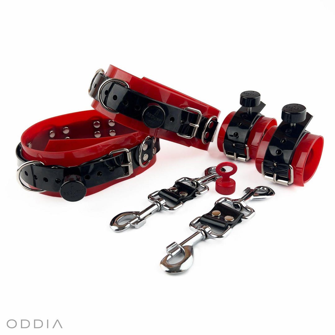 Two-tone Lockable PVC Handcuffs and Thigh Cuffs Set, With Magnetic Lock ...