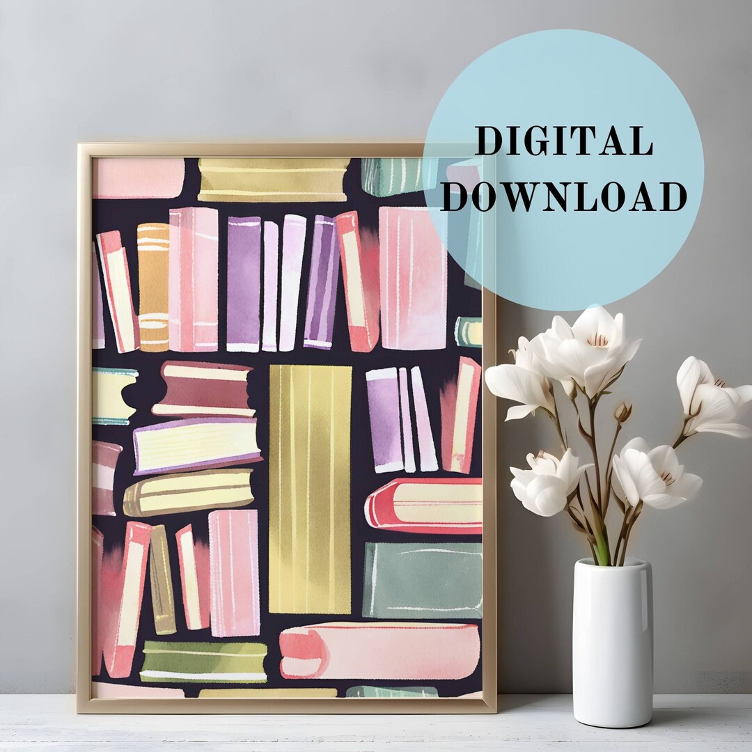 Watercolor Bookshelf Wall Art, Bookshelf Digital Print, Minimalistic ...