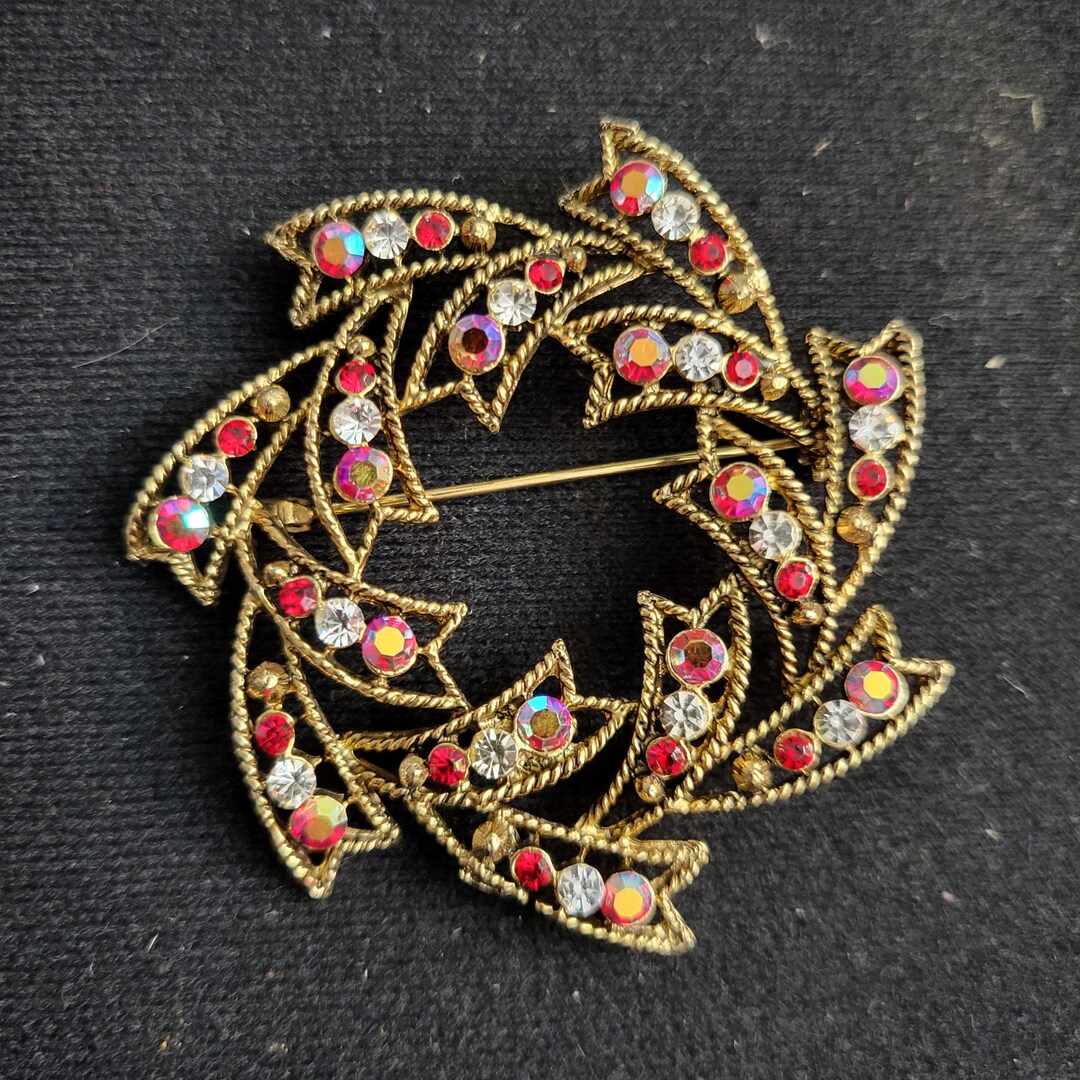 Sparkly WEISS Pinwheel Red & Clear Aurora Borealis Stones K - Etsy