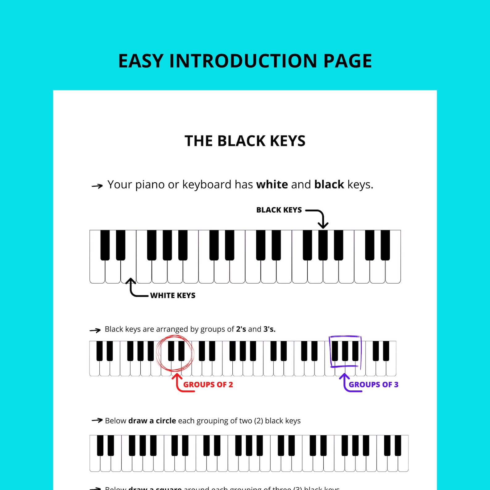 Piano Black Key Beginner Worksheet | Piano Lessons | Usletter | A4 - Etsy