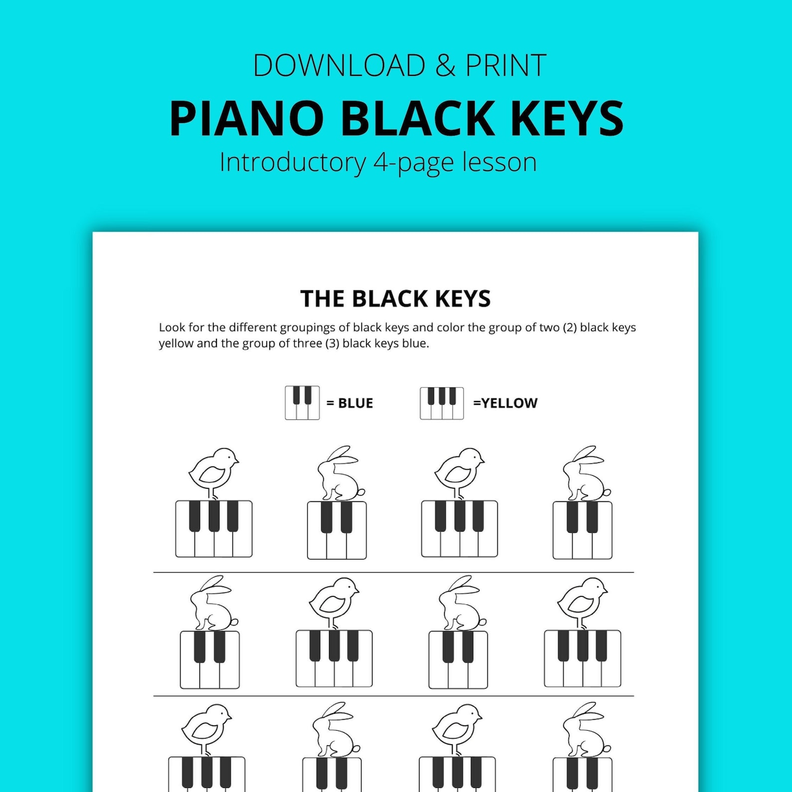 Piano Black Key Beginner Worksheet Piano Lessons Usletter A4 - Etsy