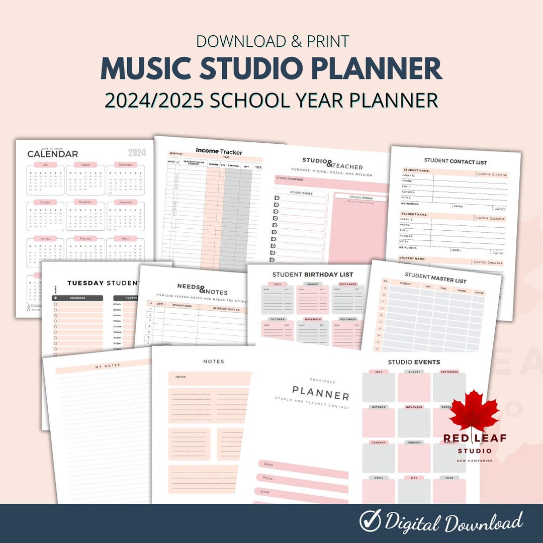 Music Teacher Planner 2024 2025 School Year Piano Violin Guitar Cello ...
